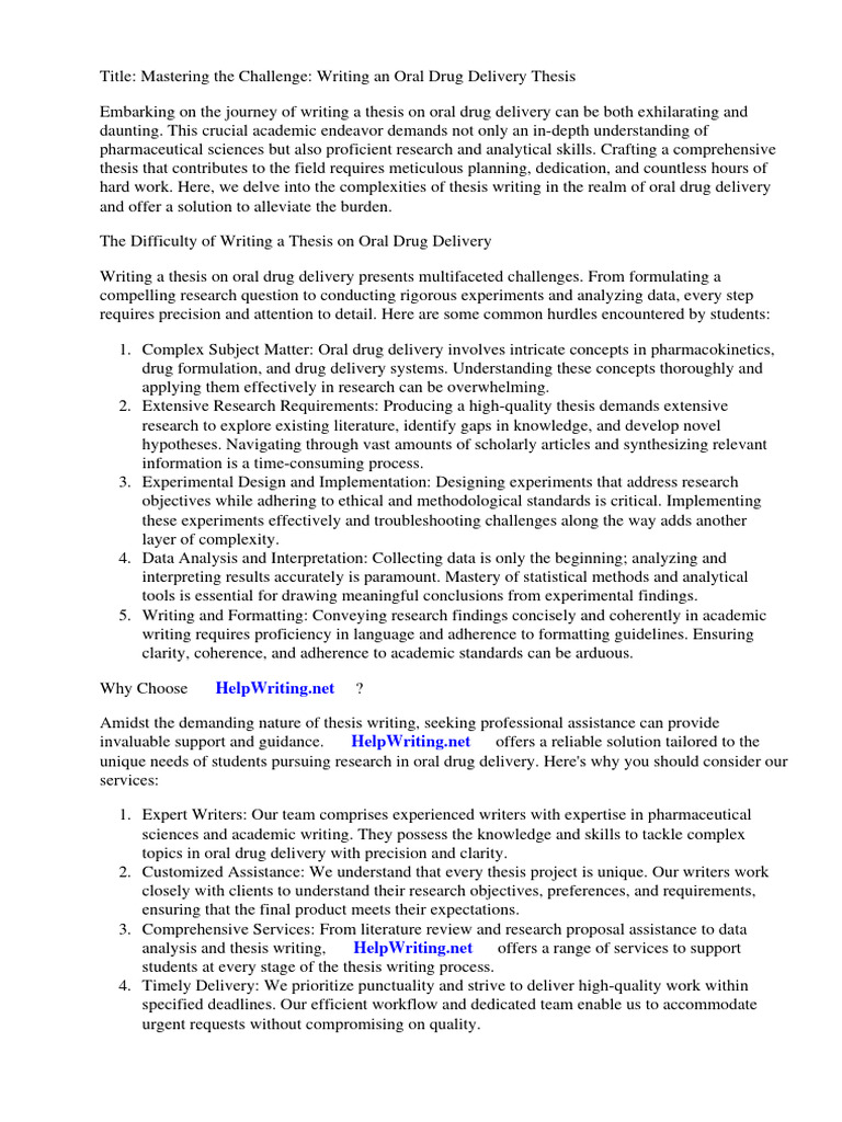 Oral Drug Delivery Thesis | PDF | Pharmaceutical Formulation ...