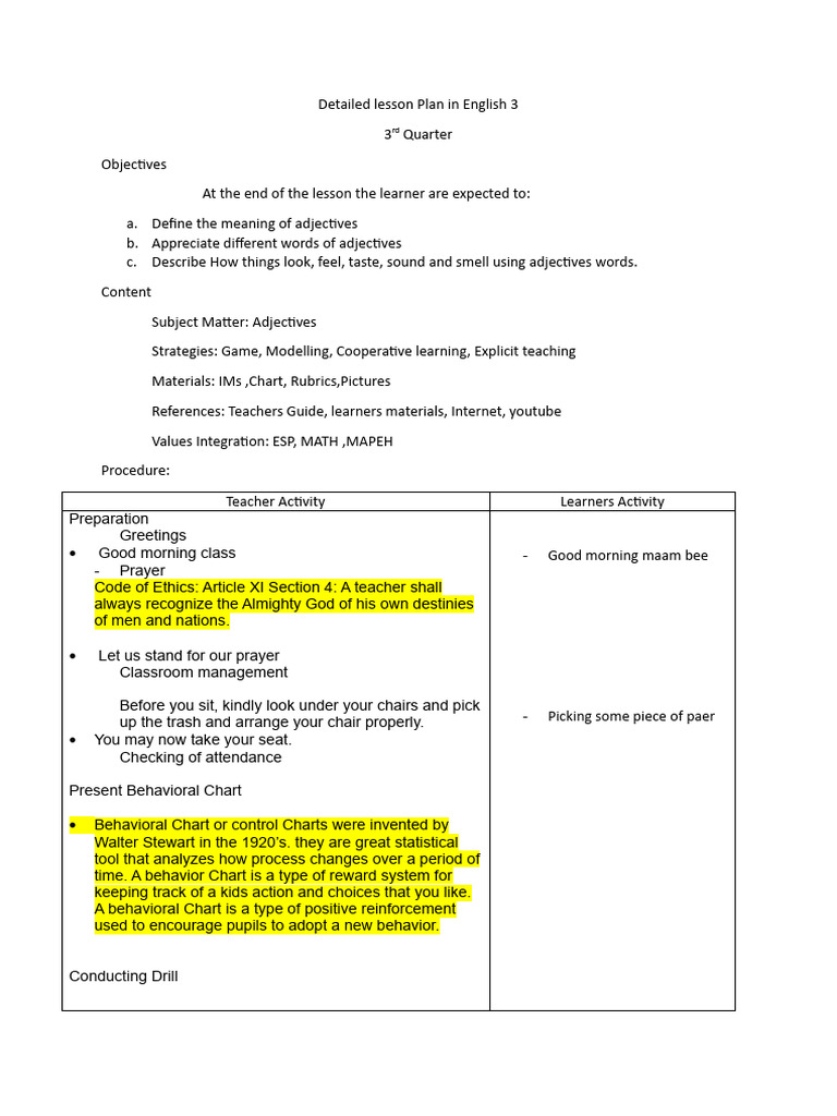 Detailed Lesson Plan in English 3 Quarter 3 | PDF | Lesson Plan | Adjective