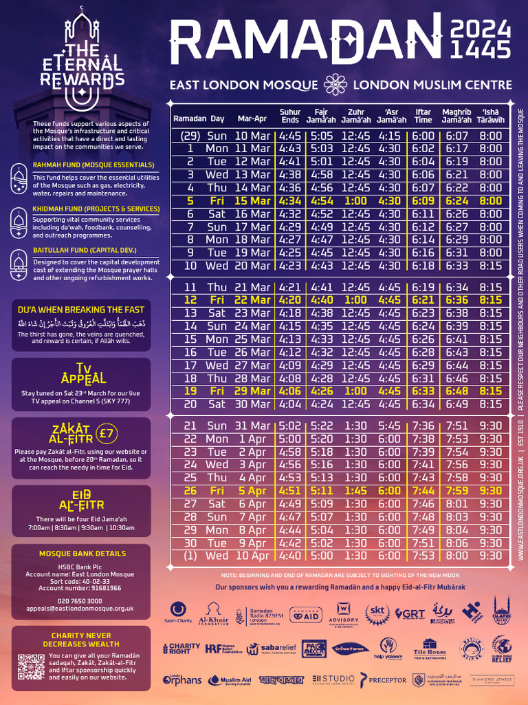 East London Mosque Ramadan Timetable | PDF | Ramadan | Sharia