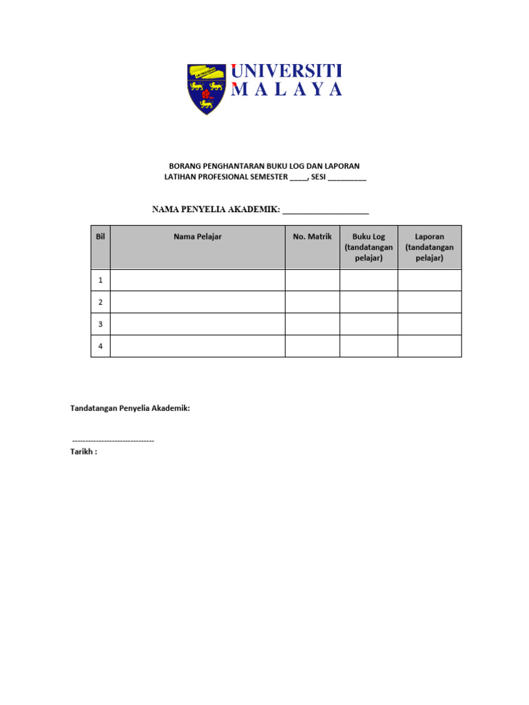 Contoh Borang Penghantaran Buku Log Dan Laporan (Penyelia Akademik) | PDF