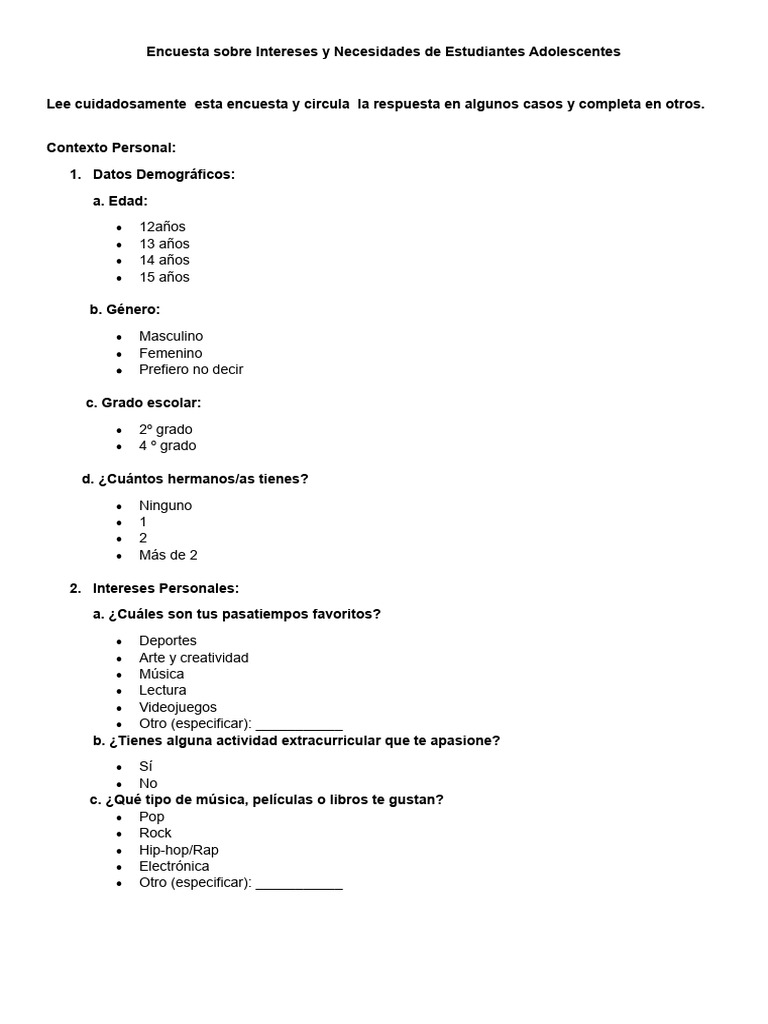Encuesta Sobre Intereses y Necesidades de Estudiantes Adolescentes ...