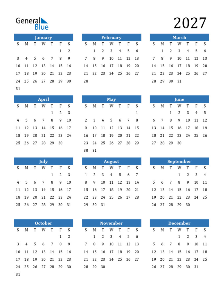 2027 Calendar Portrait Sunday Start | PDF