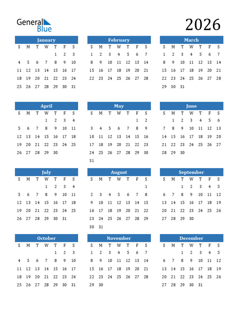 2026 Calendar Portrait Sunday Start | PDF