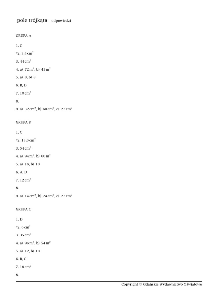 Klasa 6. Pola Wielokatow Pole Trojkataodpowiedzi | PDF
