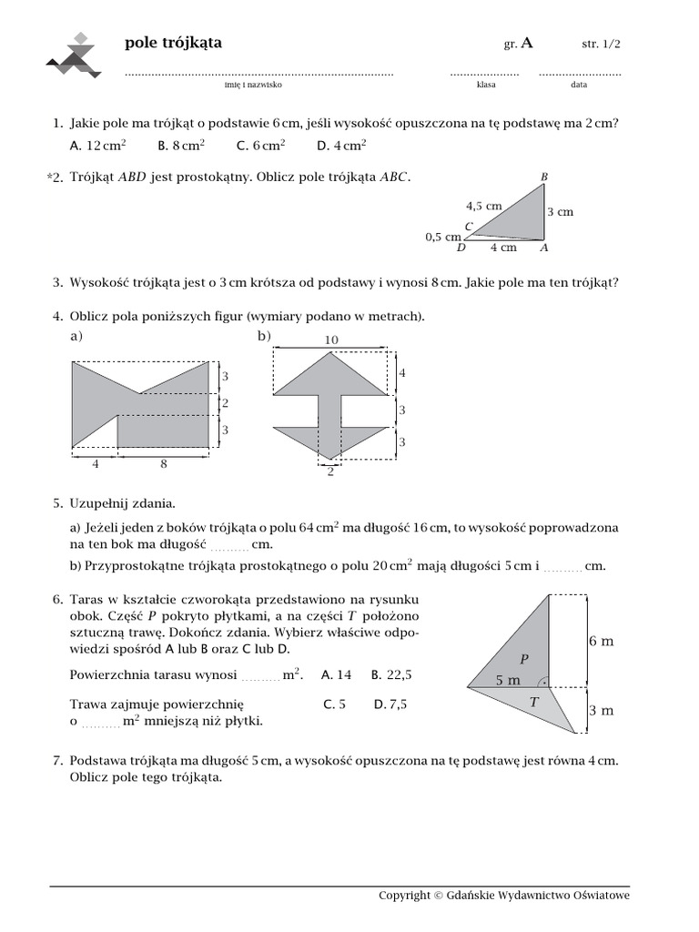 Klasa 6. Pola Wielokatow Pole Trojkata | PDF