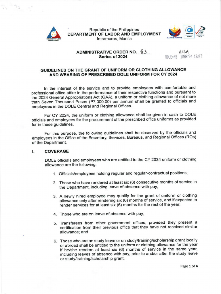 AO 83 24 Guidelines On The Grant of Uniform or Clothing Allowance and Wearing of Prescribed DOLE ...