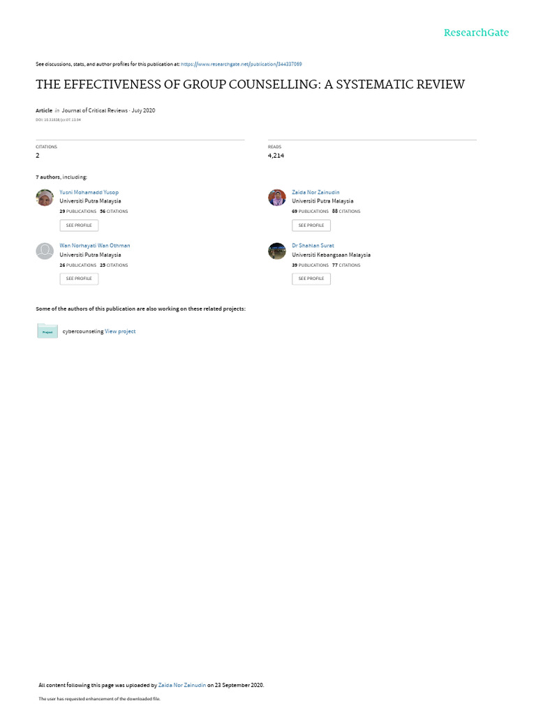 The Effectiveness of Group Counselling: A Systematic Review: Journal of Critical Reviews July ...