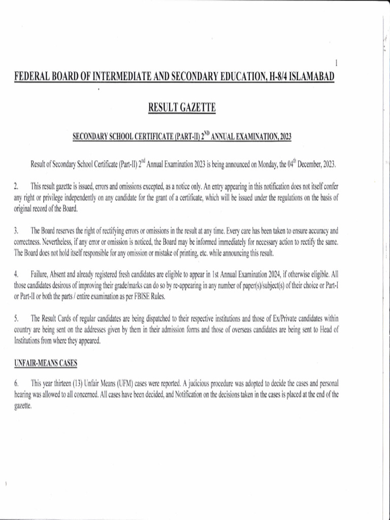FBISE SSC-II 2nd Annual Result 2023 | PDF