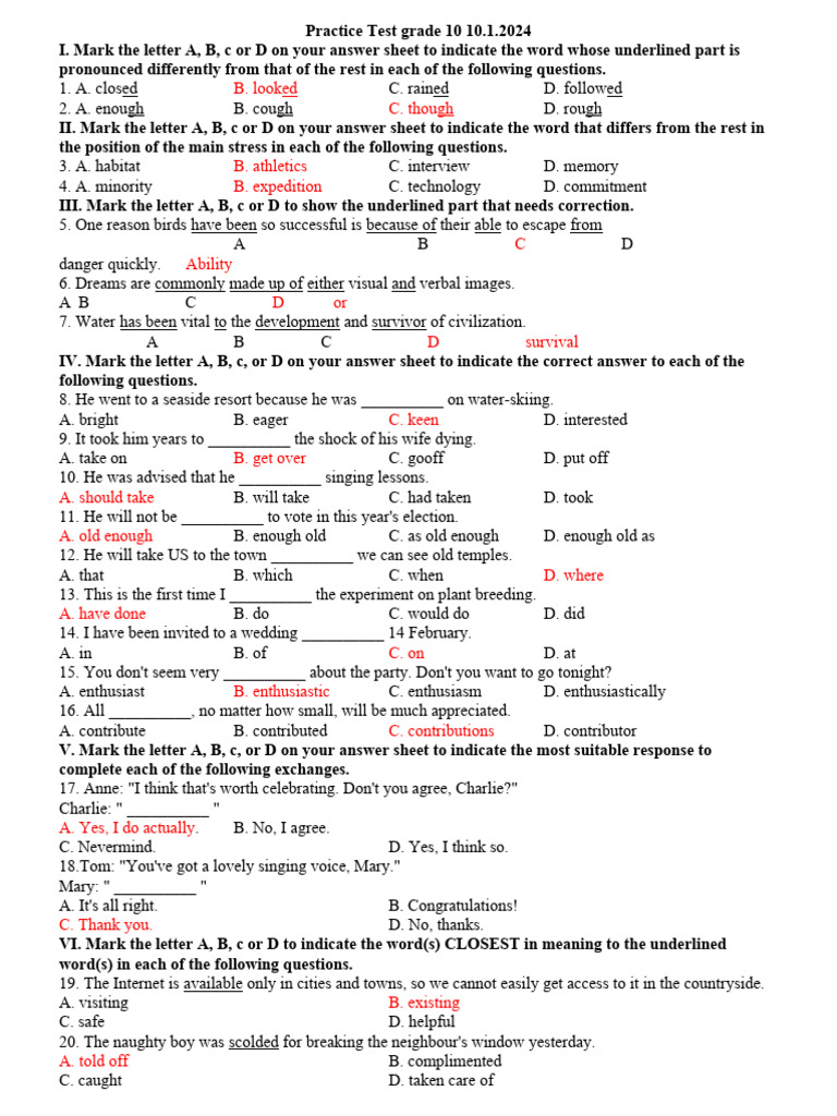 Grade 10 English Practice Test 2024 | PDF