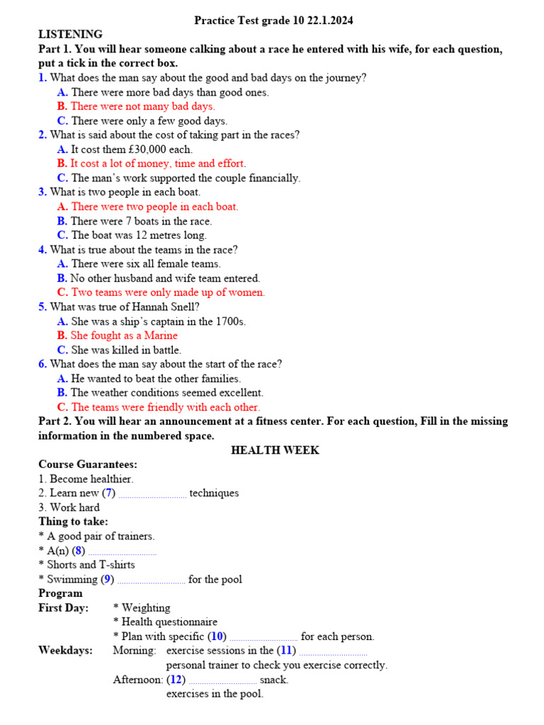 Practice Test grade 10 22.1.2024 | PDF | Egg As Food | Cholesterol