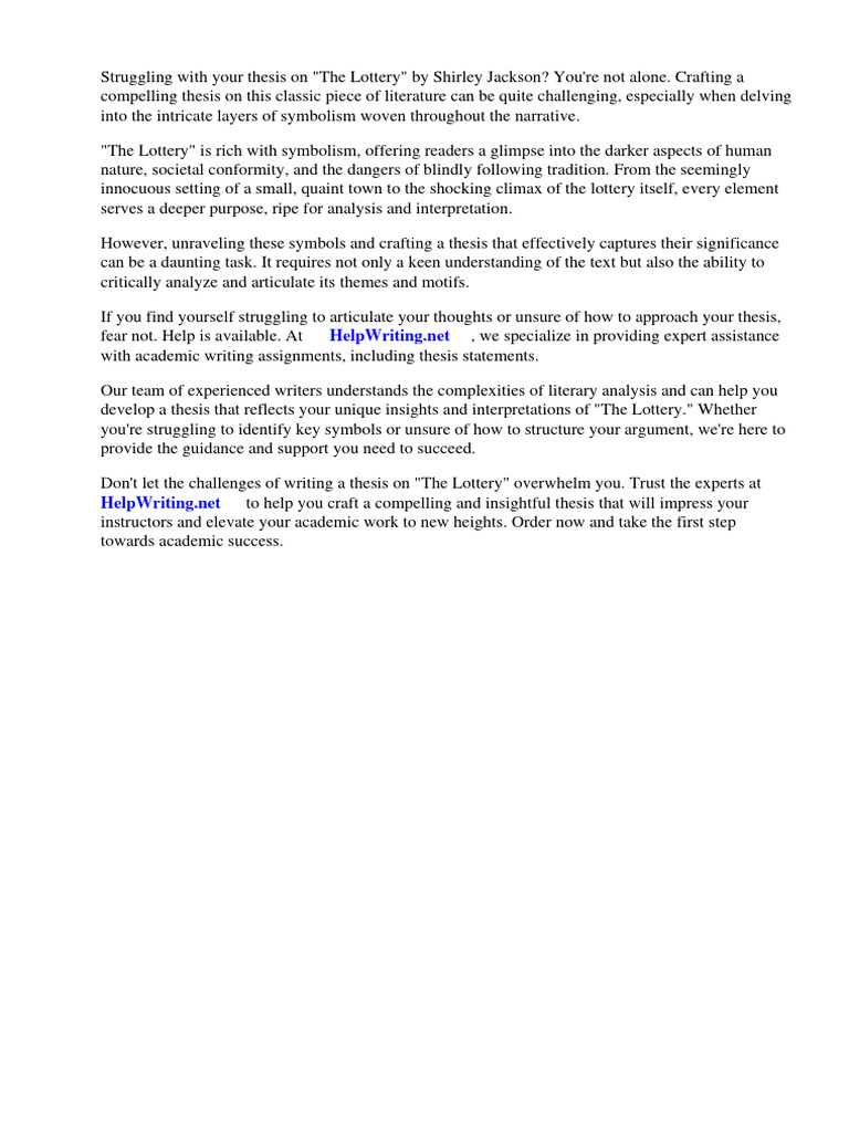 The Lottery by Shirley Jackson Symbolism Thesis | PDF