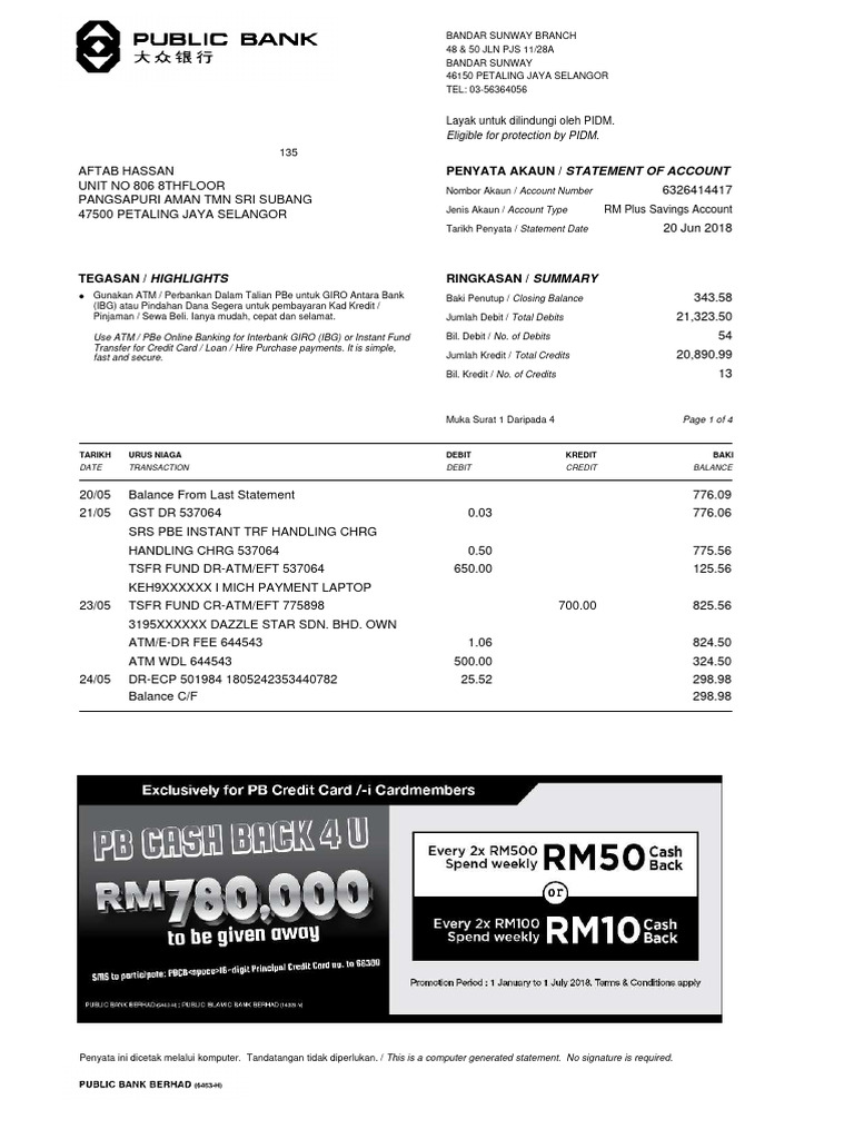 Bank Statment June 2018 | PDF | Debit Card | Credit Card