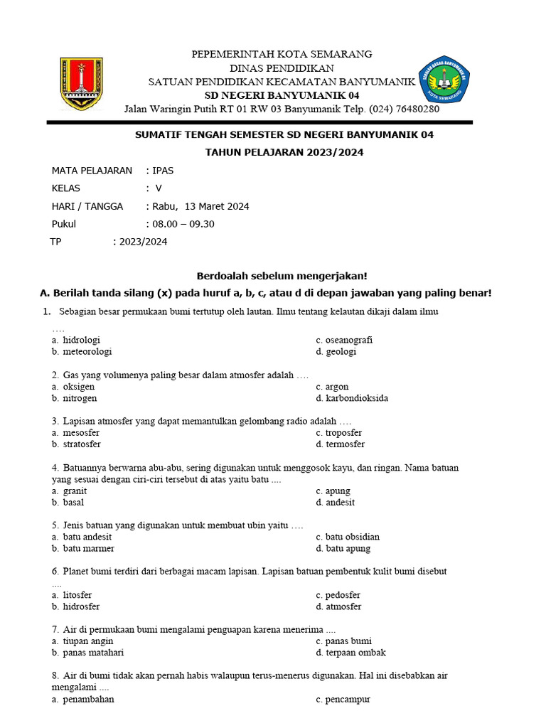 Soal PTS-STS IPAS Kelas 5 Semester 2 Kurikulum Merdeka T.A 2023-2024 | PDF