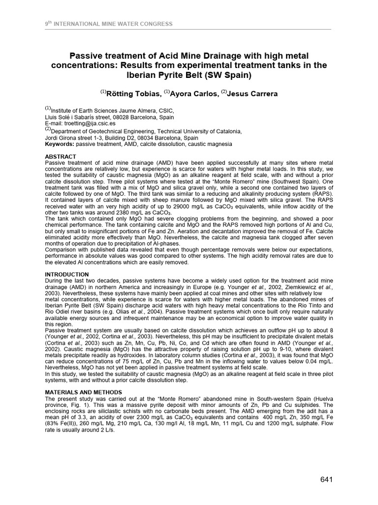 Passive Treatment of Acid Mine Drainage | PDF | Magnesium | Iron