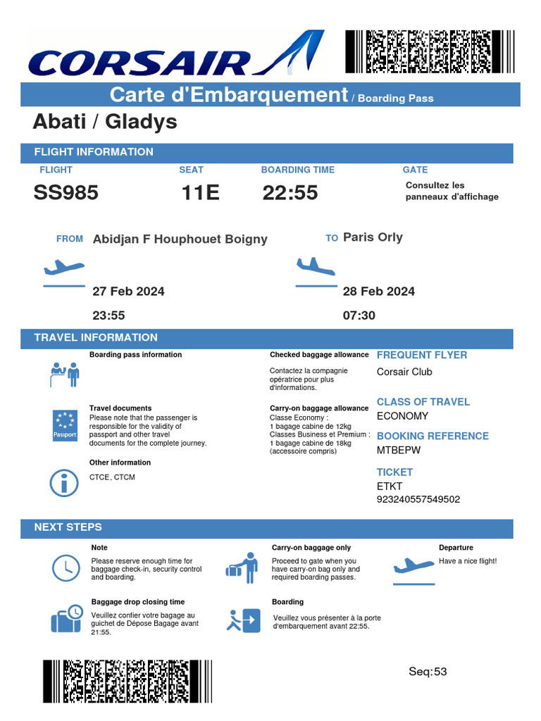 Votre Carte D'embarquement Pour Paris - CORSAIR | PDF | Baggage | Aviation