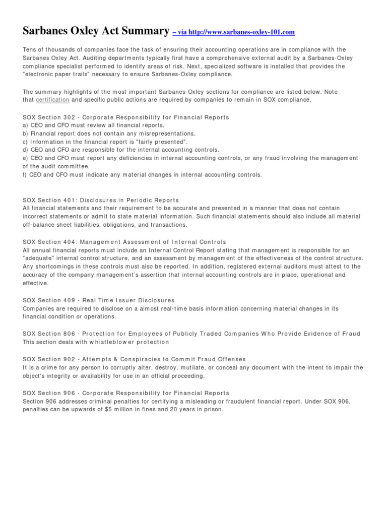SOX-Overview | PDF | Sarbanes–Oxley Act | Internal Control