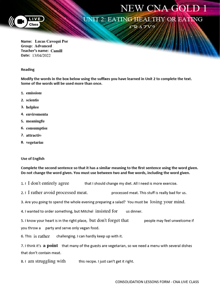 CNA Live Class - Advanced 1 - New CNA Gold 1 - Activity Book - Unit 2 | PDF | Diet (Nutrition ...