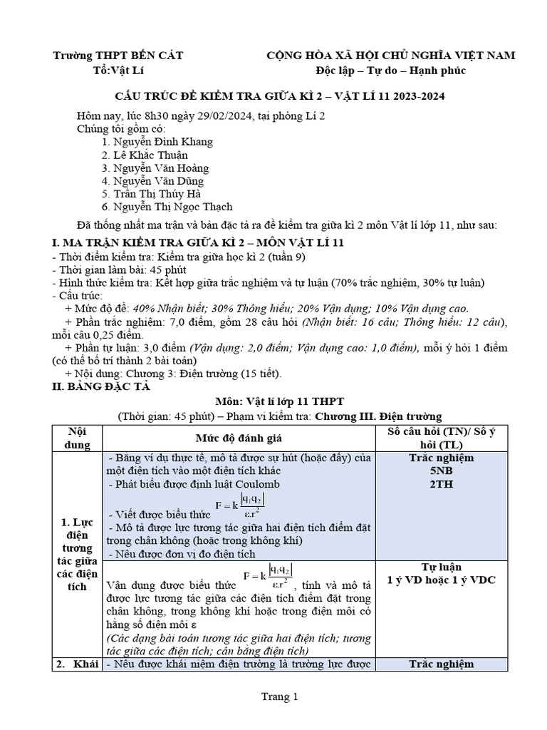 Ma trận và bảng đặc tả VL 11 KTGK2 23.24 | PDF
