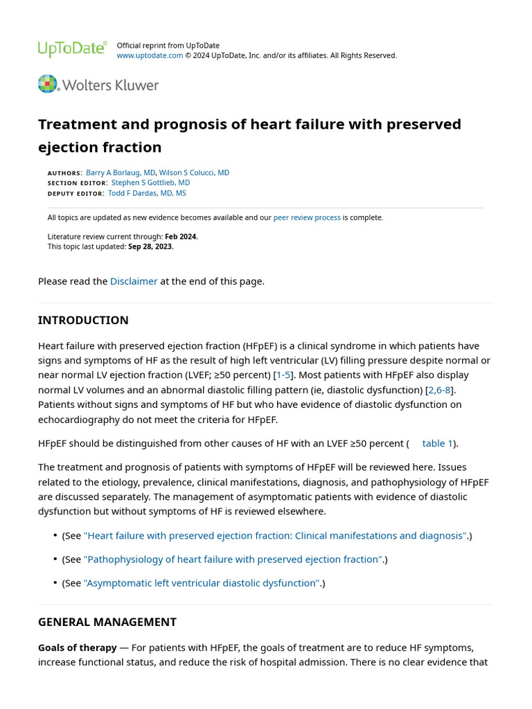 Treatment and Prognosis of Heart Failure With Preserved Ejection Fraction - UpToDate | PDF ...