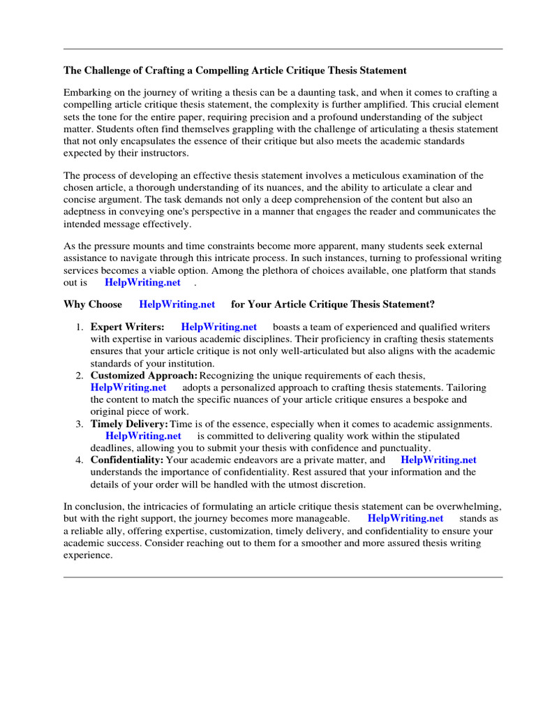Article Critique Thesis Statement | PDF | Essays | Thesis
