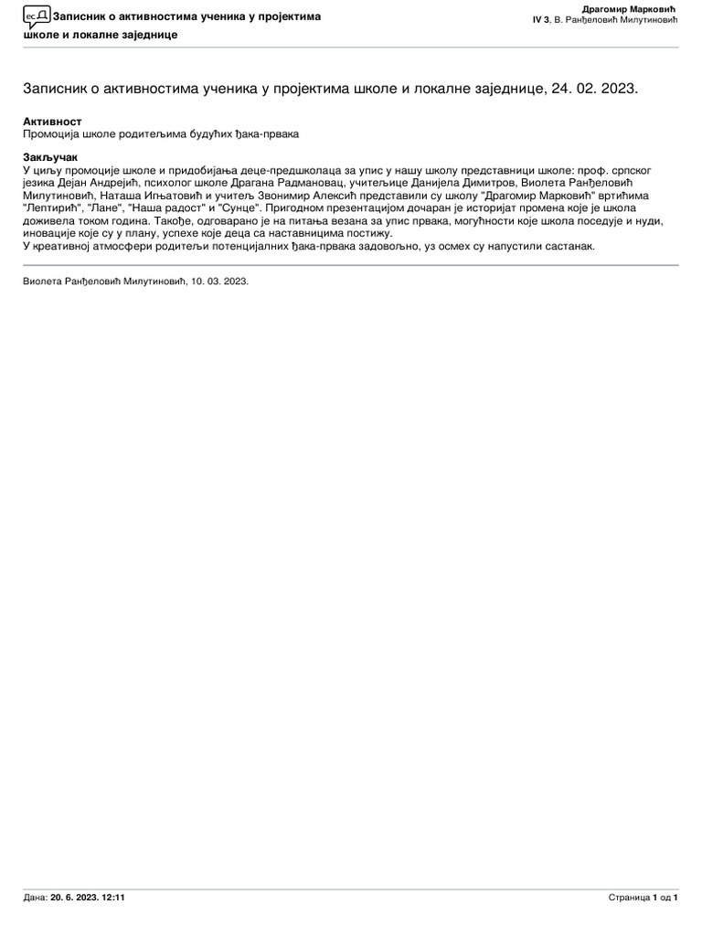 IV 3 - Zapisnik o Aktivnostima Učenika U Projektima Škole I Lokalne ...
