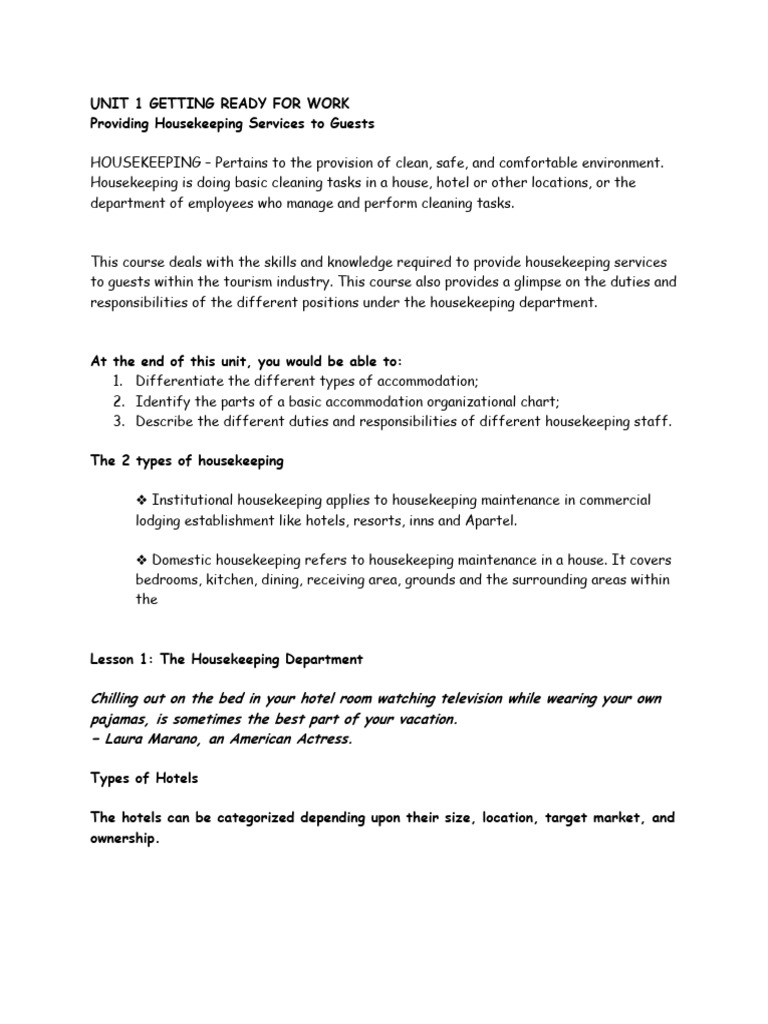 Housekeeping Services Course Guide | PDF | Hotel | Hospitality Industry