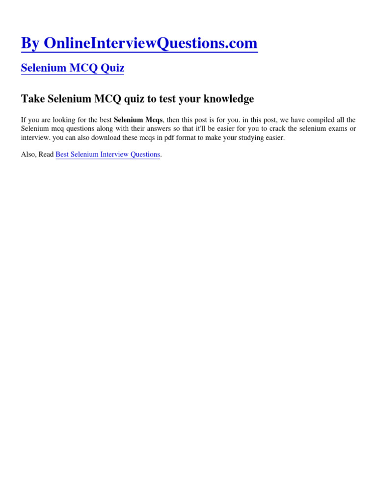 Selenium MCQ | Download Free PDF | Selenium (Software) | Information ... Selenium MCQ | Download Free PDF | Selenium (Software) | Information ...
