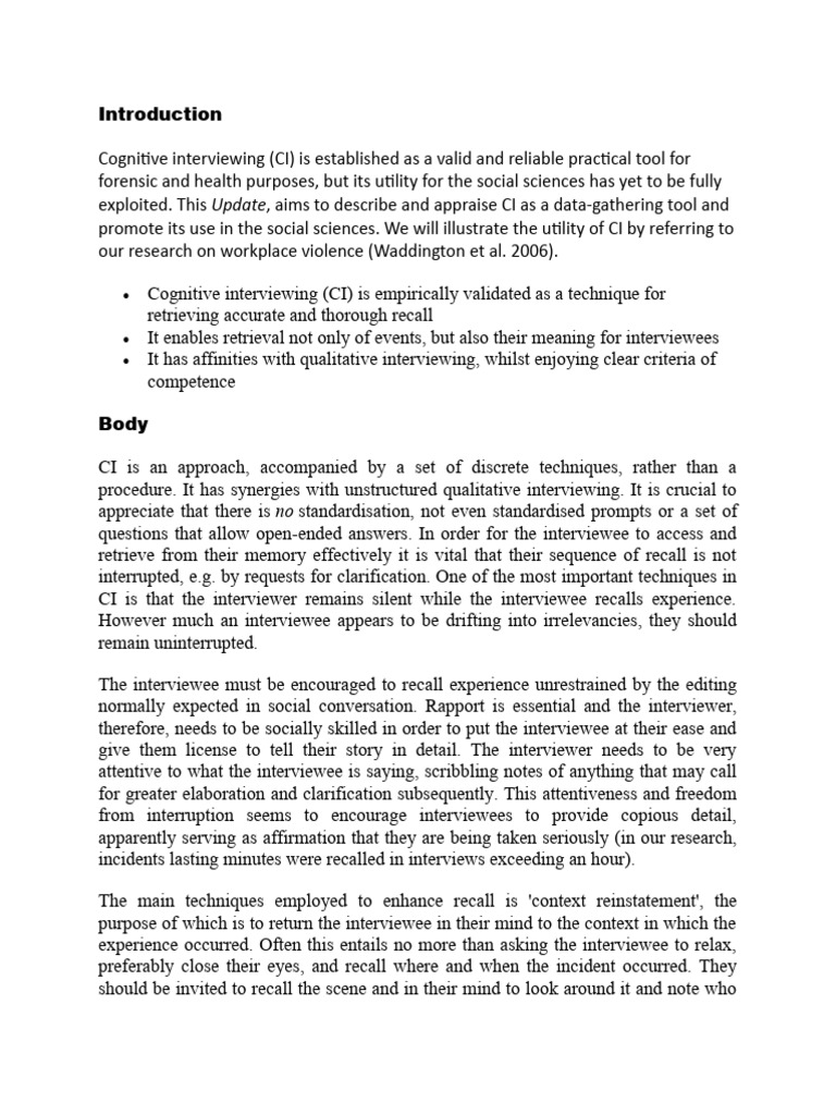 Research Cognitive Interview | PDF | Recall (Memory) | Cognition
