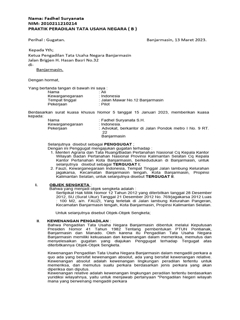 Surat Gugatan PTUN | PDF