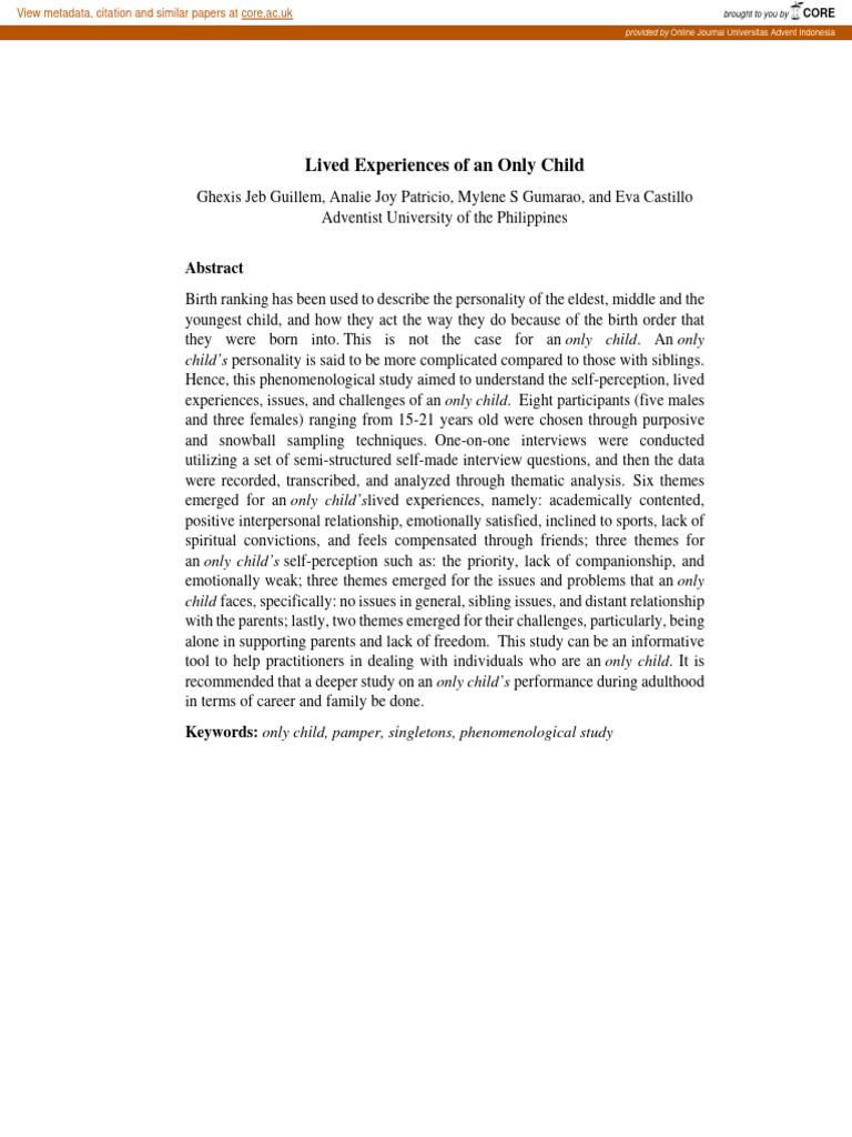 Only Child Experiences Study | PDF | Interpersonal Relationships | Behavioural Sciences
