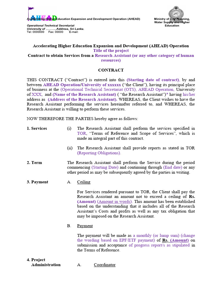 Research Assistant Contract AHEAD Sri Lanka | PDF | Private Law ...