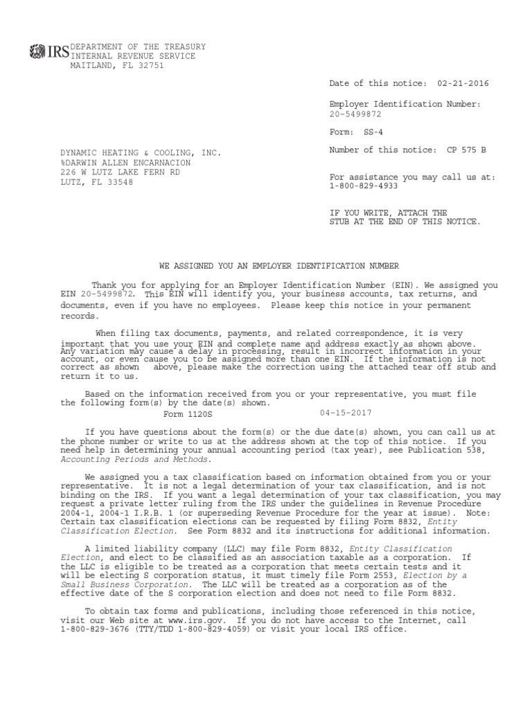 EIN Letter INC | PDF | Limited Liability Company | Internal Revenue Service