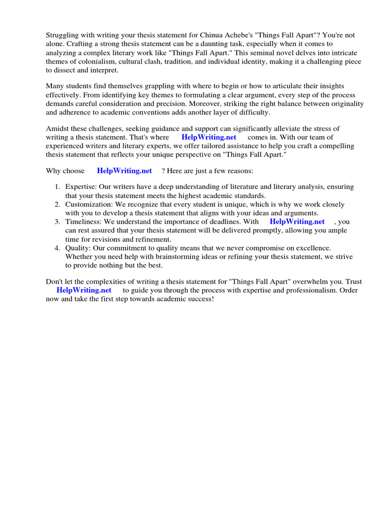 Thesis Statement Examples For Things Fall Apart | PDF | Essays