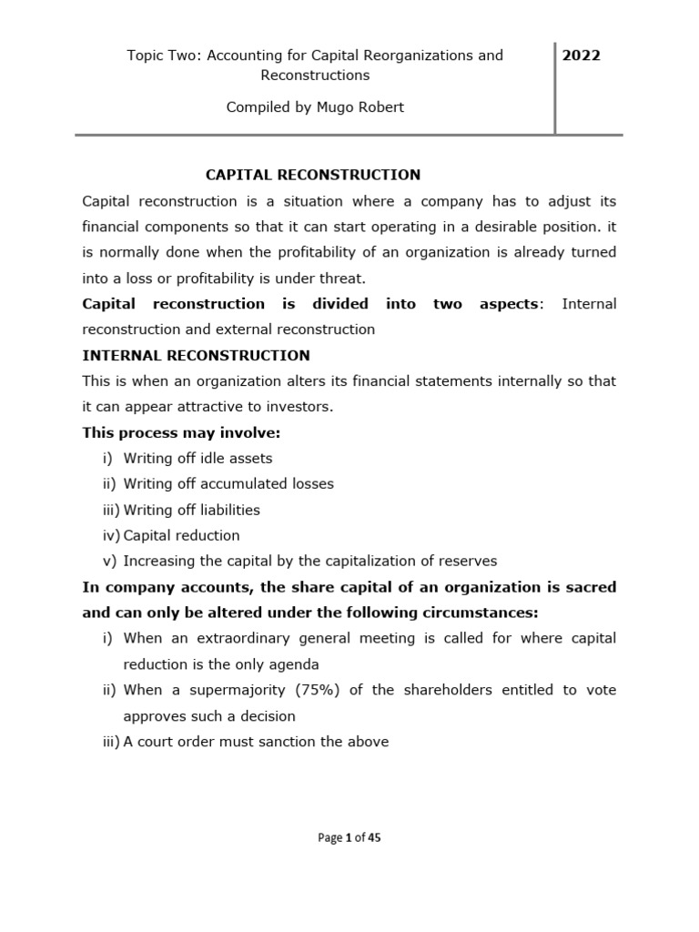 Bact 310 Topic 3 Accounting For Capital Reorganisations and Reconstructions | PDF | Balance ...