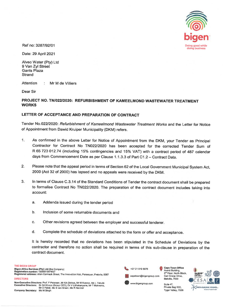 Letter of Acceptance and Preparation of Contract | PDF