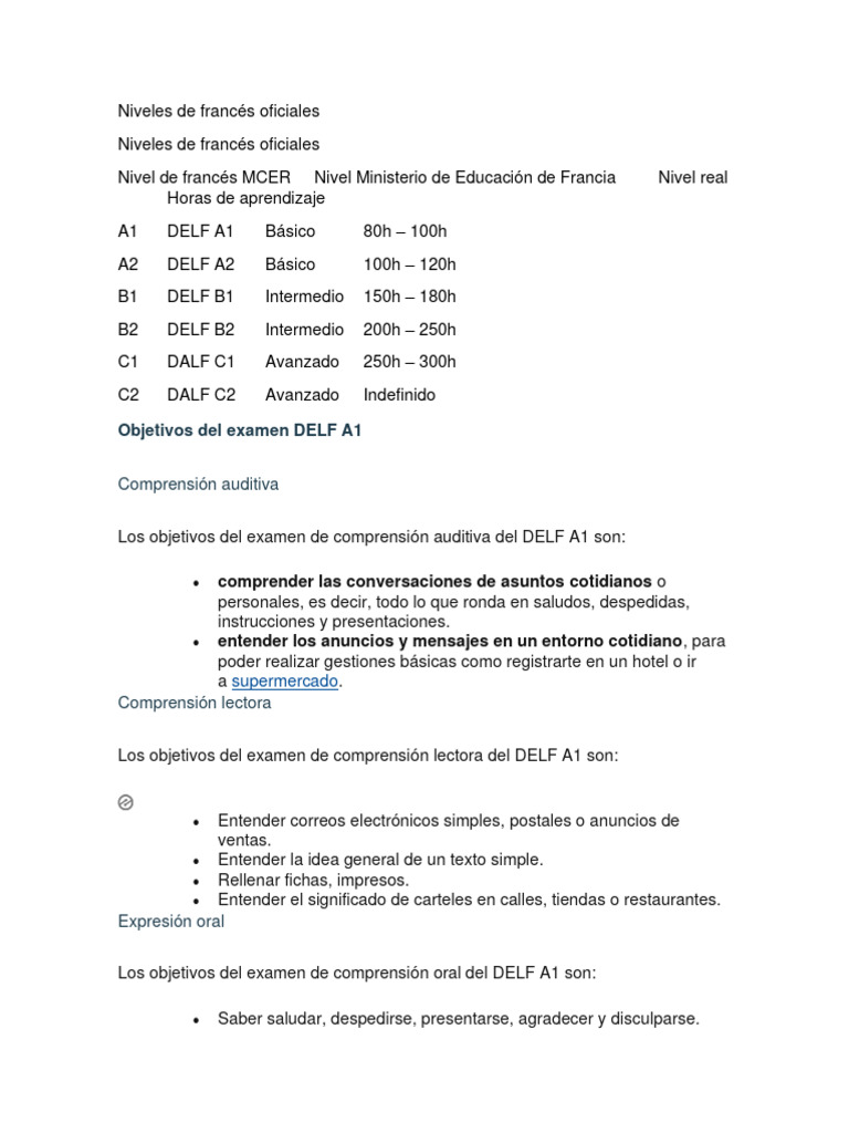 Niveles de francés oficiales. | PDF | Comprensión lectora | Lingüística