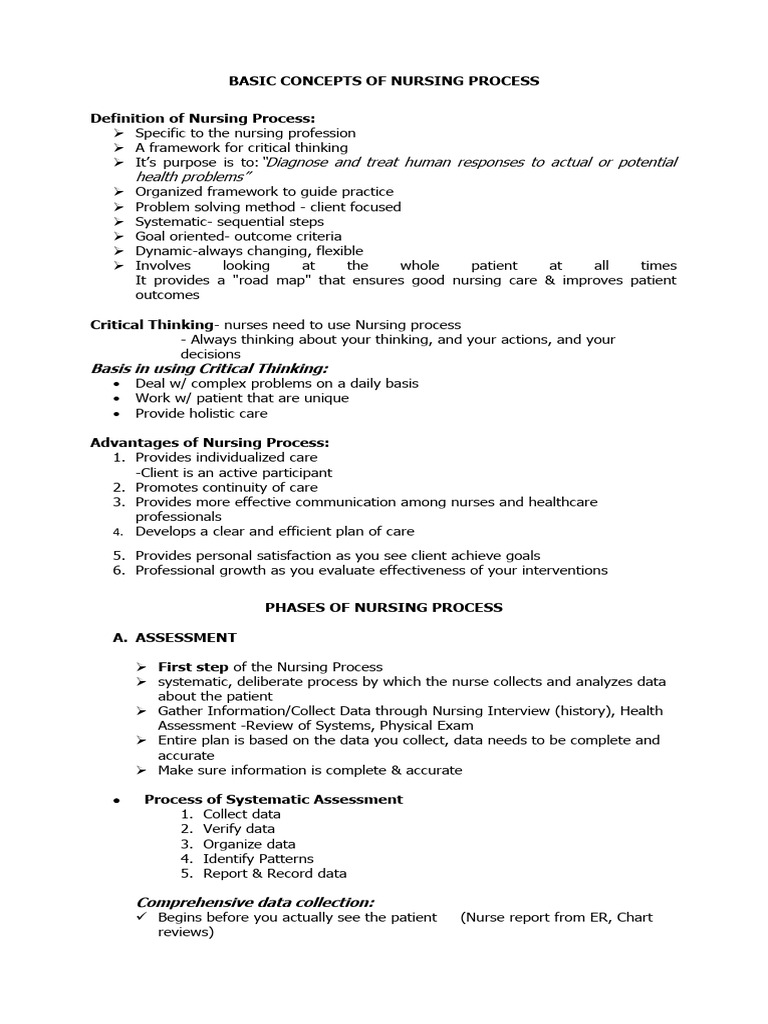 Health Asse Prelims Basic Concepts of Nursing Process | PDF | Nursing ...
