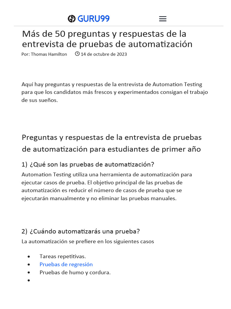Más de 50 Preguntas y Respuestas de La Entrevista de Pruebas de ... Más de 50 Preguntas y Respuestas de La Entrevista de Pruebas de ...