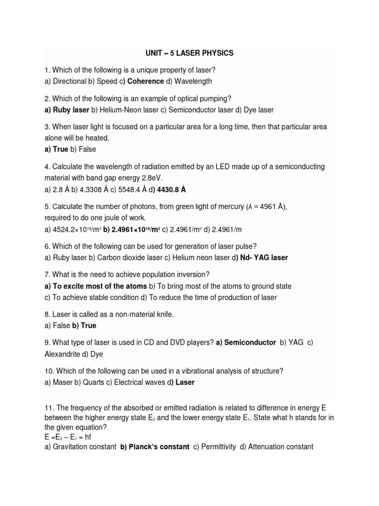 UNIT V - Applied Optics - LASER Physics MCQ | Download Free PDF | Laser ...