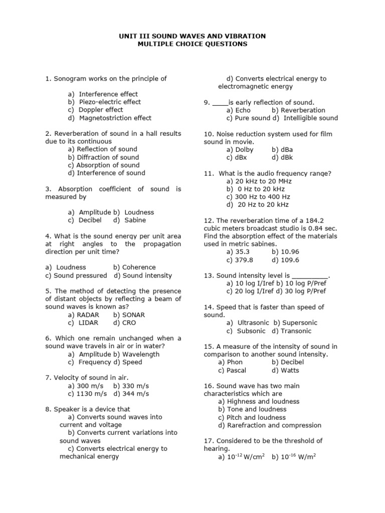 Sound Waves and Vibration MCQs | PDF | Sound | Ultrasound