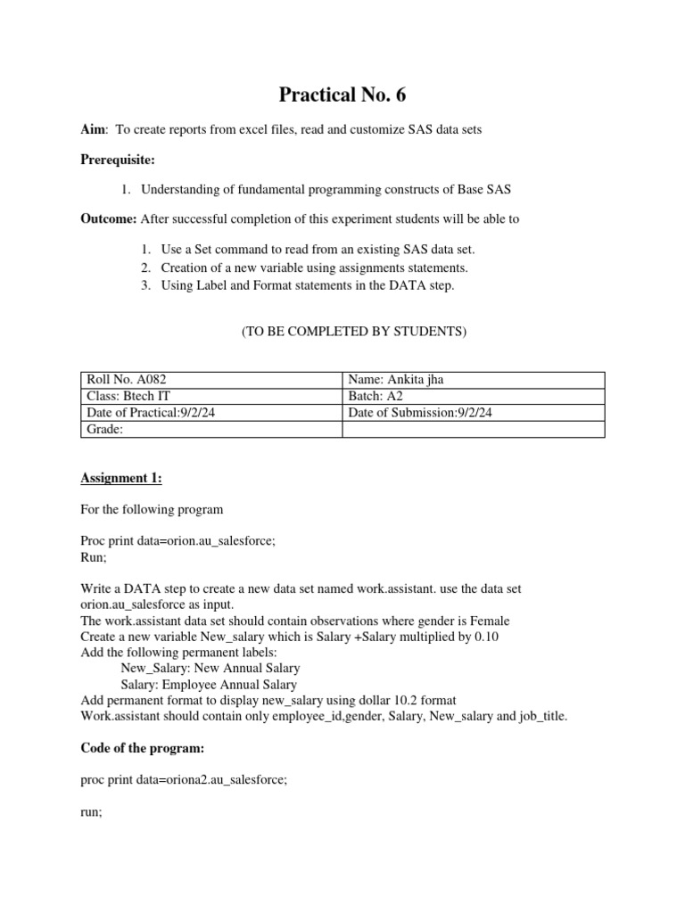 Practical No 6 A082 | PDF | Sas (Software) | Microsoft Excel