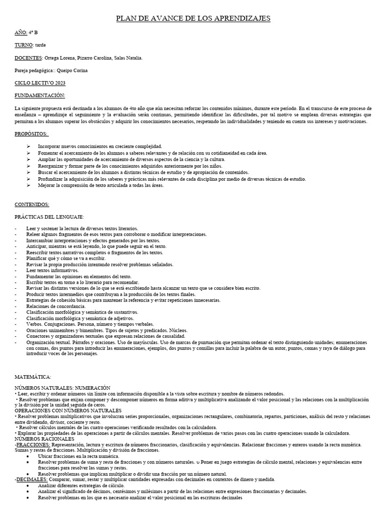 Plan de Avance de Los Aprendizajes 4to Grado 2023-1 | PDF | División ...