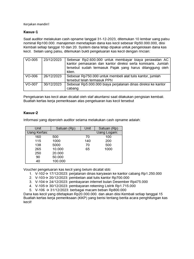 Pemeriksaan Cash Opname Kas Kecil | PDF | Pengelolaan Keuangan & Uang