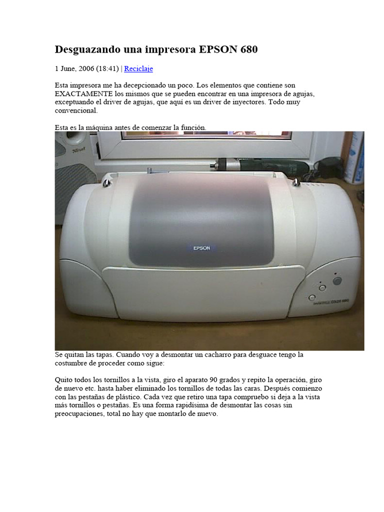 Desguazando Una Impresora EPSON 680 | PDF | Impresora (Computación ...