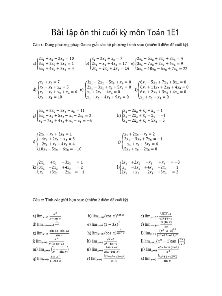 Bài tập ôn cuối kỳ - Toán 1E1 | PDF