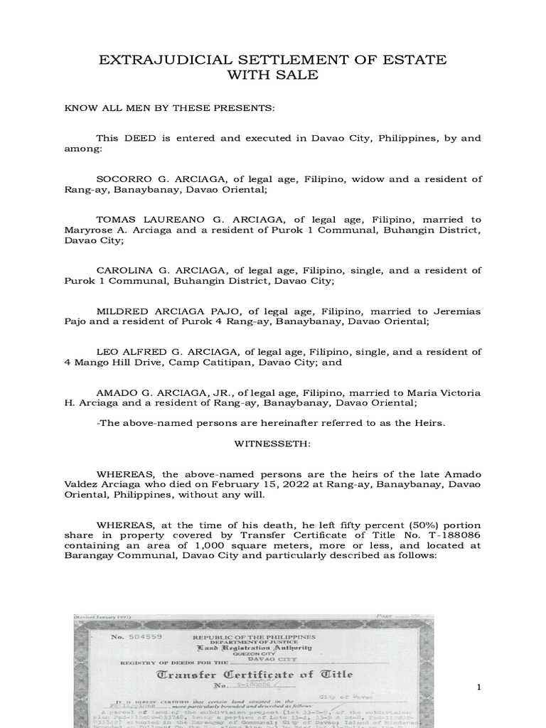 Estate Settlement and Land Sale | PDF | Deed | Inheritance