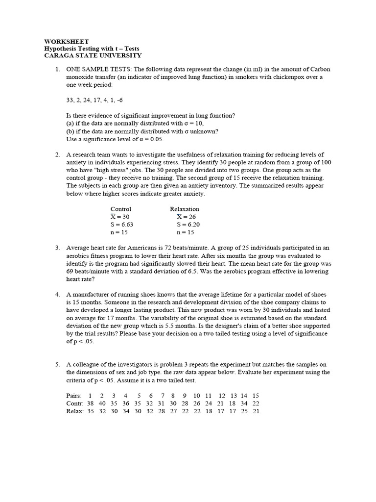 Worksheet 2 T Test | PDF | Heart Rate | Normal Distribution