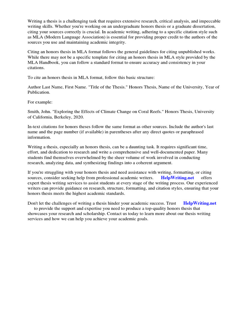 How To Cite Honors Thesis Mla | PDF | Apa Style | Citation