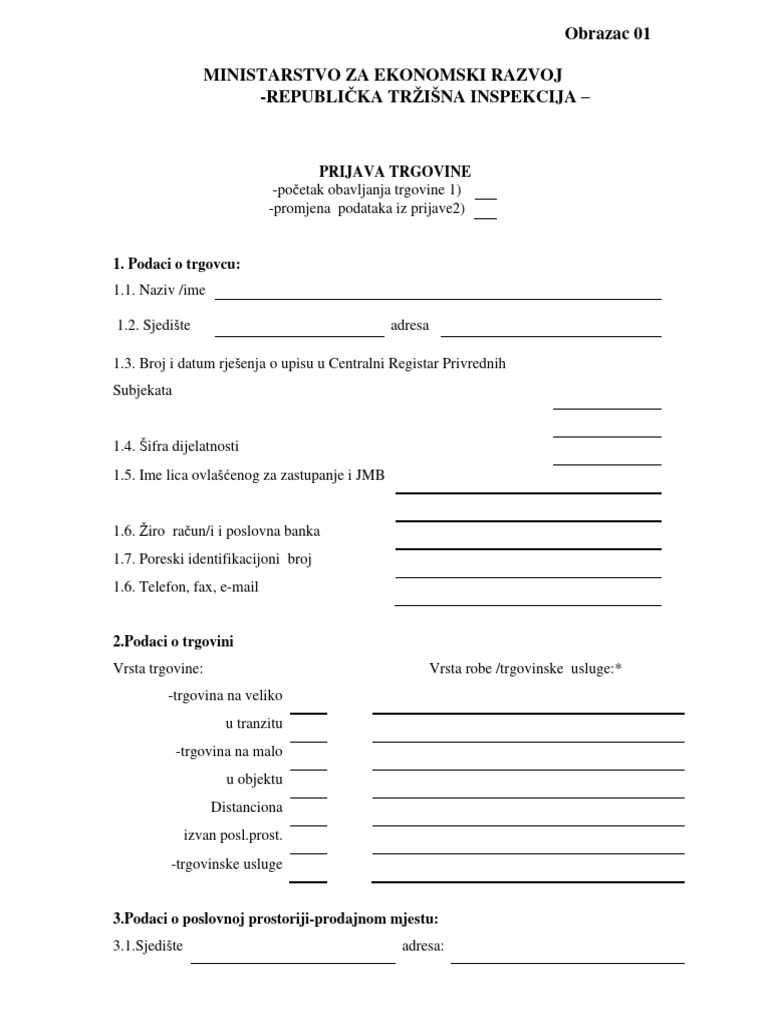 Obrazac Prijave trgovine Crna Gora | PDF