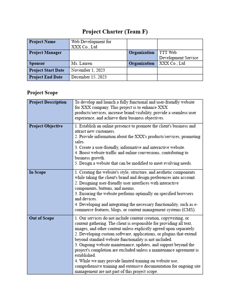 Project Charter | Download Free PDF | Websites | Usability